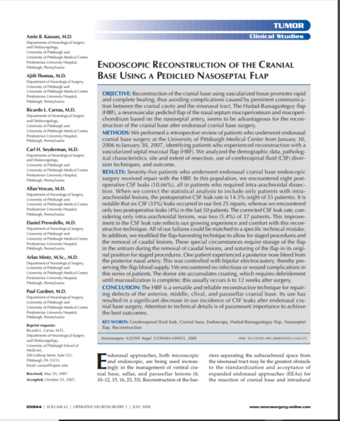 ENDOSCOPIC RECONSTRUCTION OF THE CRANIAL BASE USING A PEDICLED NASOSEPTAL FLAP - Neeka Health