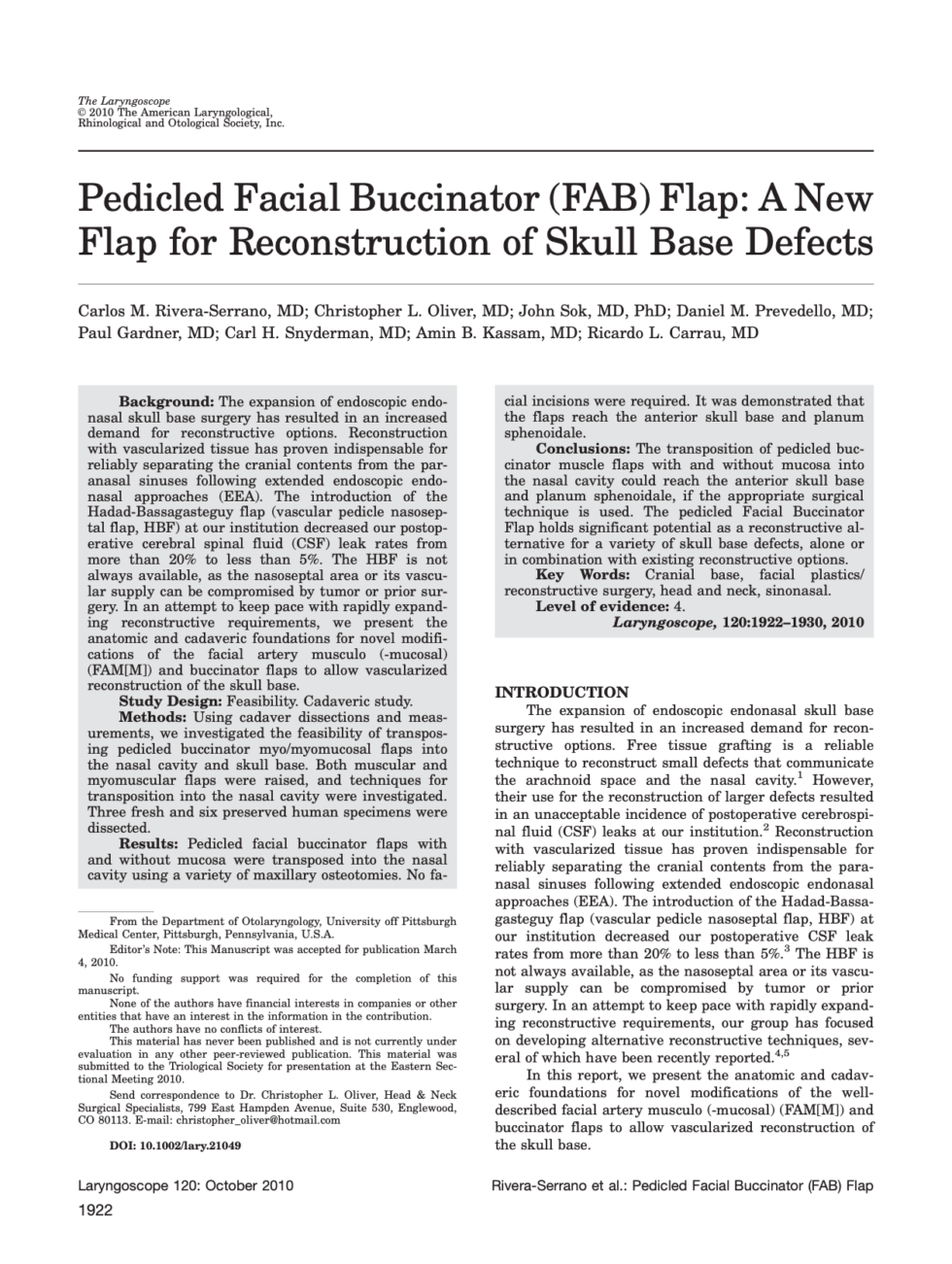 Pedicled Facial Buccinator (FAB) Flap: A New Flap for Reconstruction of Skull Base Defects ...