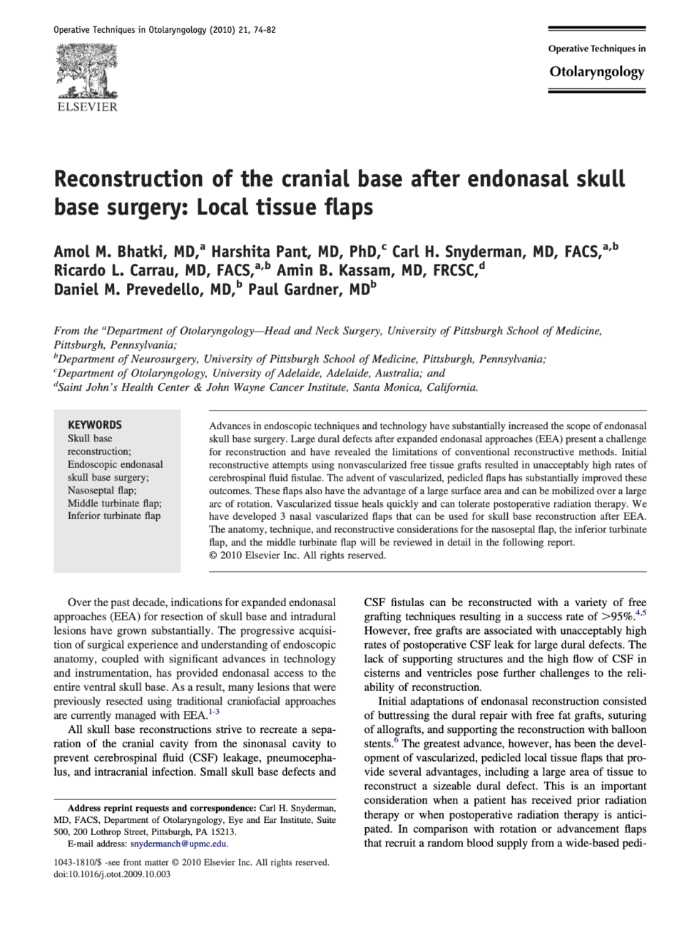 Reconstruction of the cranial base after endonasal skull base surgery: Local tissue flaps ...