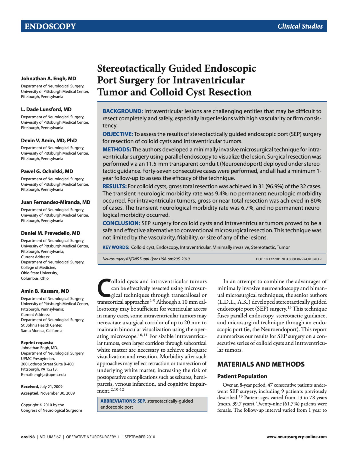Stereotactically Guided Endoscopic Port Surgery for Intraventricular ...