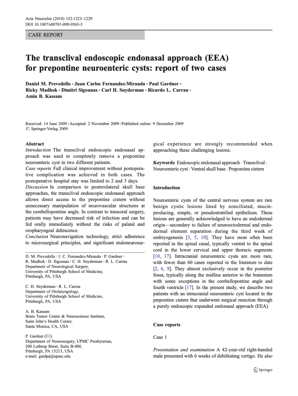 The transclival endoscopic endonasal approach (EEA) for prepontine ...